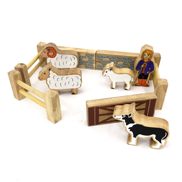 Wooden Toy Sheep Animal Playset , 11 Pieces, Fair Trade